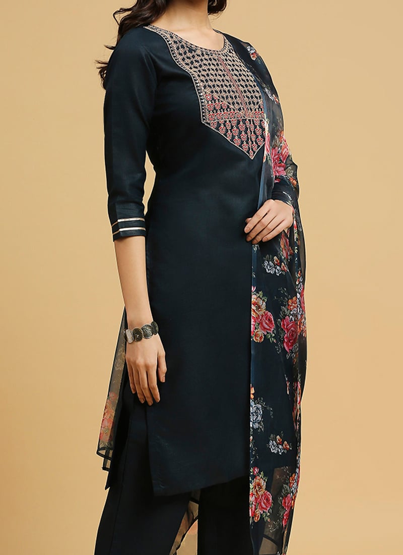 Buy Floral Dupatta With Cotton Teal Blue Straight Pant Suit Embroidered ...