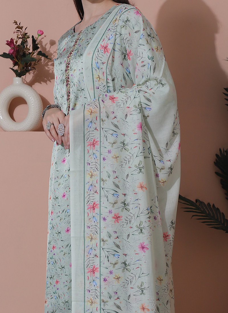 Shop Floral Print Mint Green Satin Palazzo Suit With Dupatta After Six ...