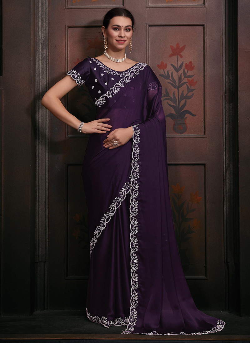 Shop Floral Violet Faux Chiffon Stone Embossed Saree Party Wear Online ...
