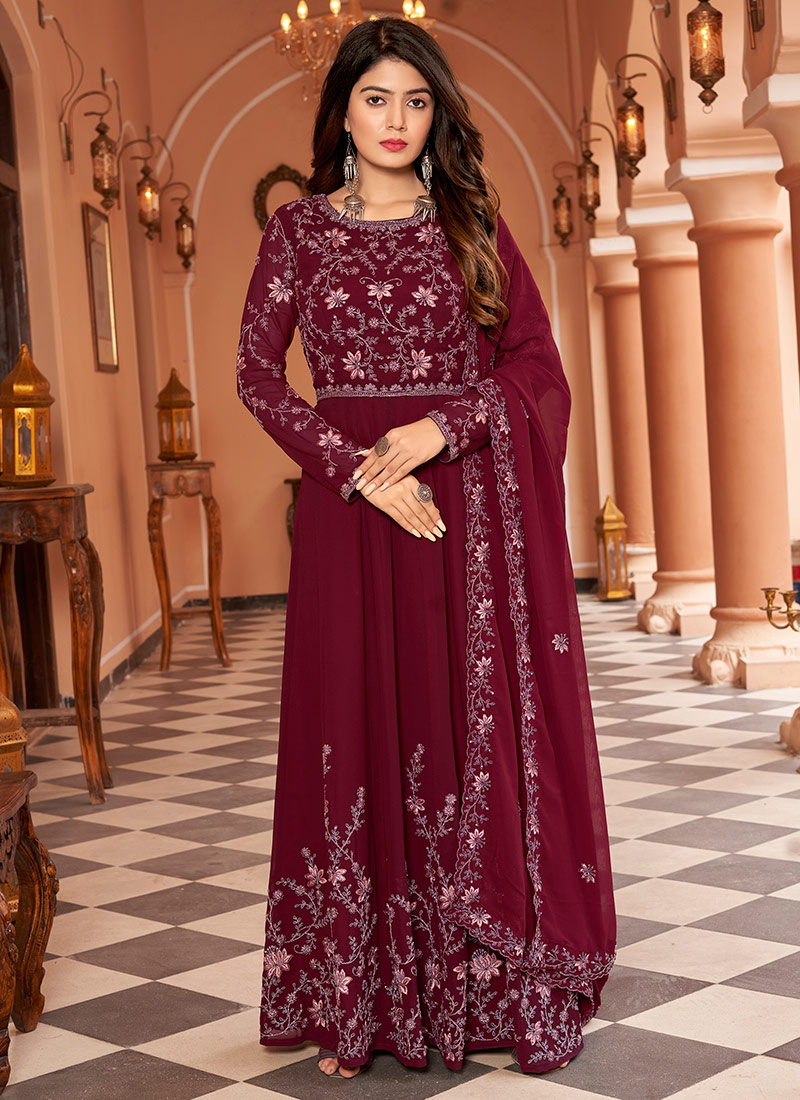 Shop Floral Zari Embroidered Maroon Anarkali Suit Party Wear Online at ...