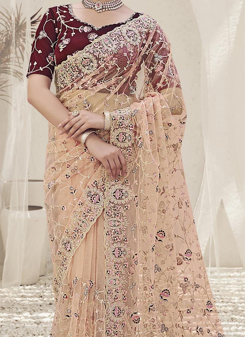 Shop Gajri Pink Net Embroidered Zari Saree Wedding Wear in UK - Cbazaar