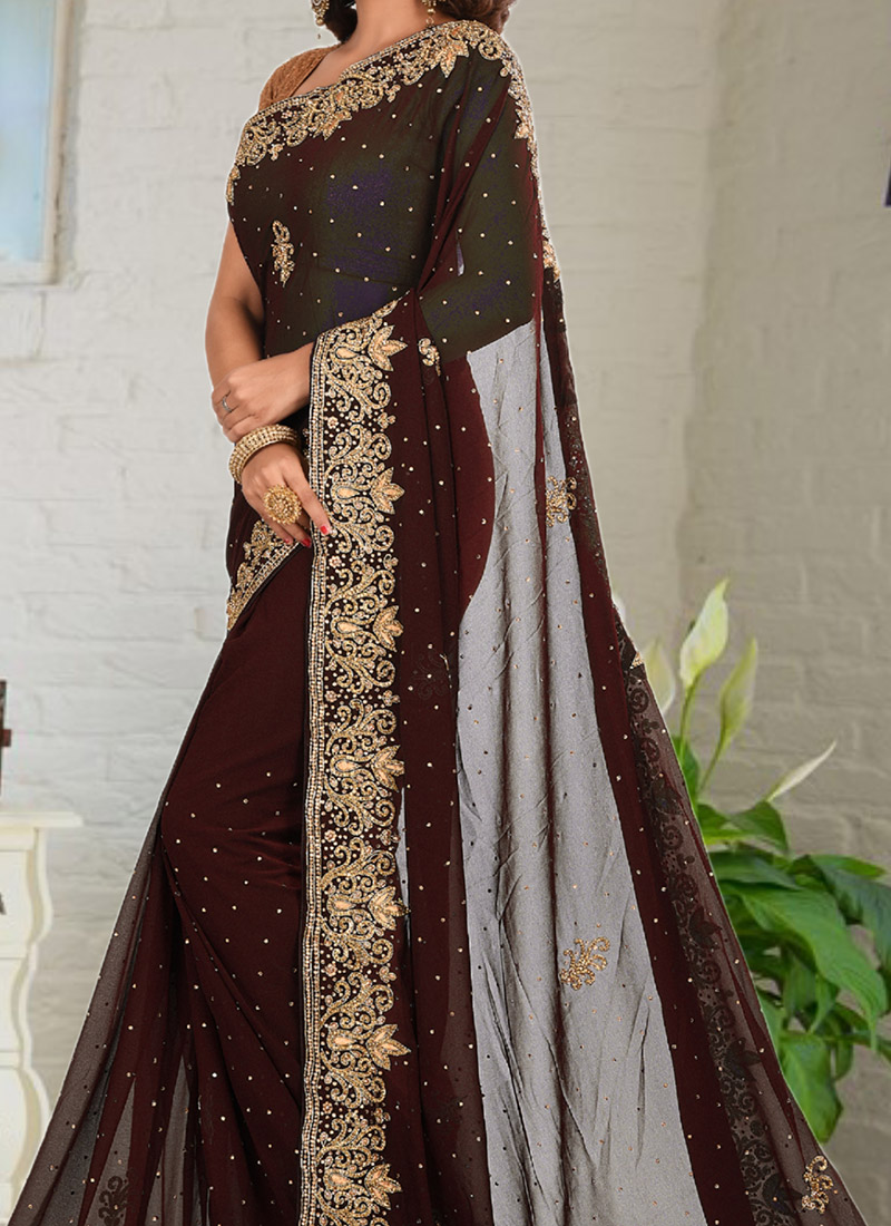 Shop Georgette Coffee Brown Color Hand Embroidered Stone Work Saree ...