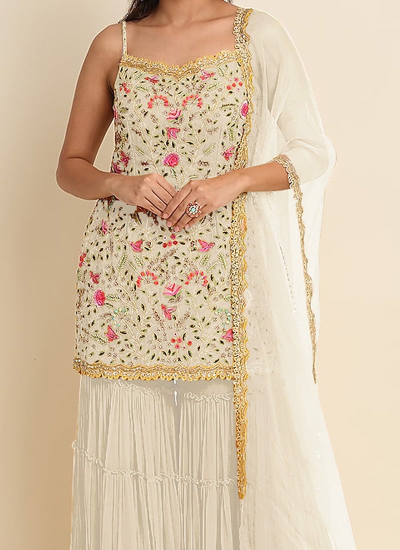 Buy Georgette Embroidered Sequins Sharara Suit Off White For Women With ...