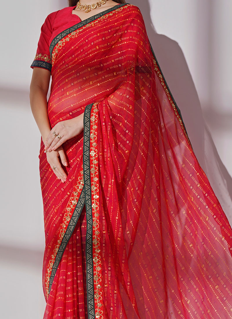 Shop Georgette Red Color Printed Embroidery Work Saree Party Wear ...