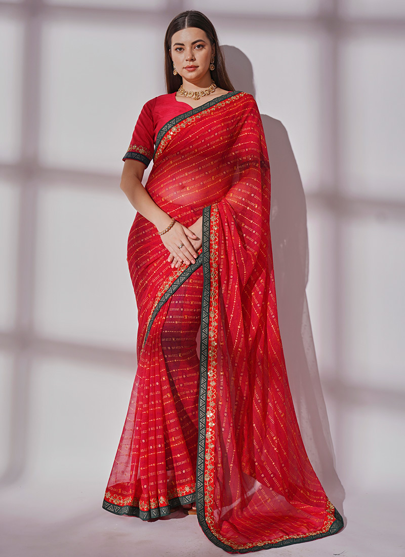Shop Georgette Red Color Printed Embroidery Work Saree Party Wear ...