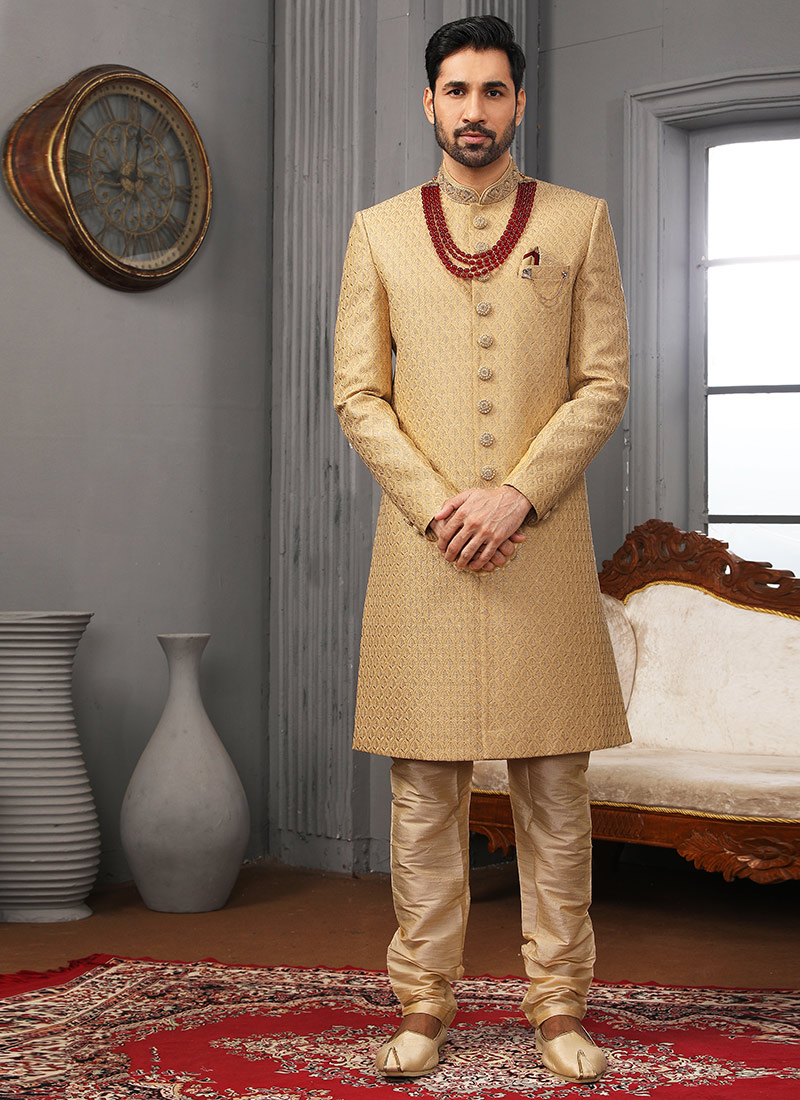 Gold Sherwanis: Buy Gold Color Sherwanis | Designer Gold Sherwanis For Men