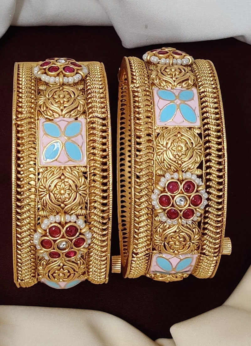 Shop Gold Brass Rajwadi Style Kundan Bangels Online at Best Price | Cbazaar