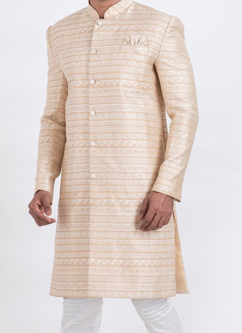 Shop Gold Jacquard Silk Classic Sherwani Wedding Wear in UK - Cbazaar