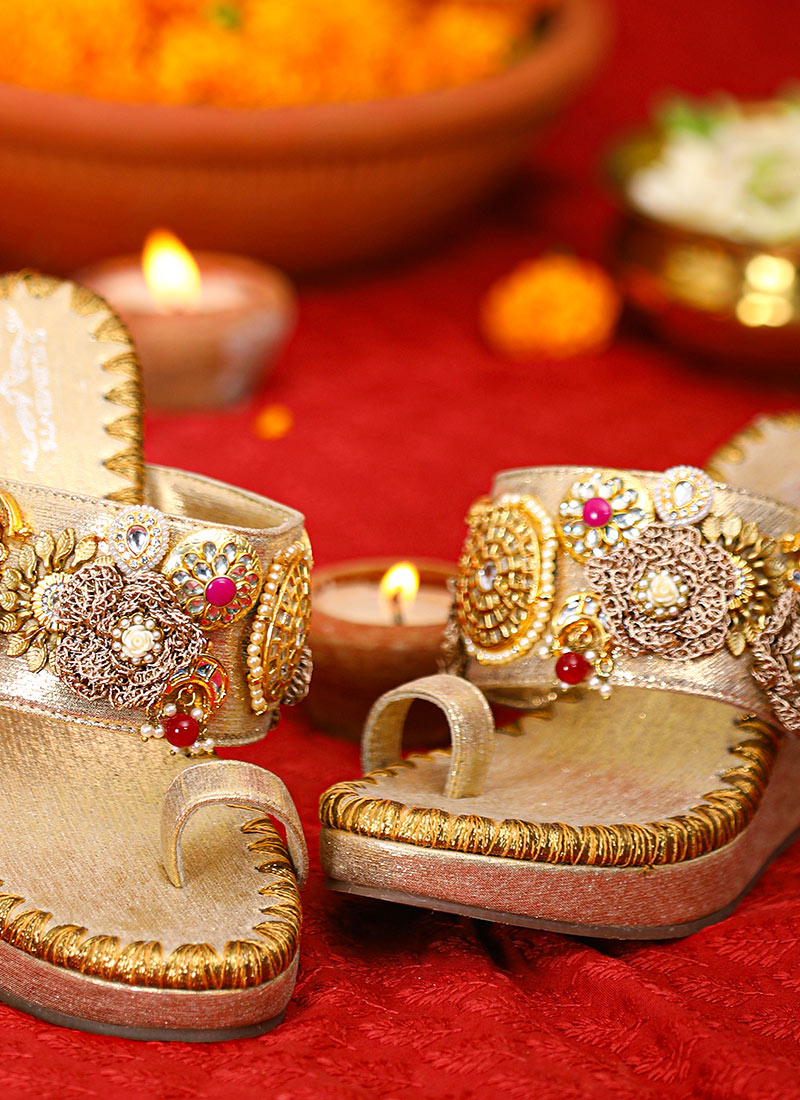 Buy Gold Leather Kundan Work With Moti And Stone Embossed Women Wedges Online at Best Price ...