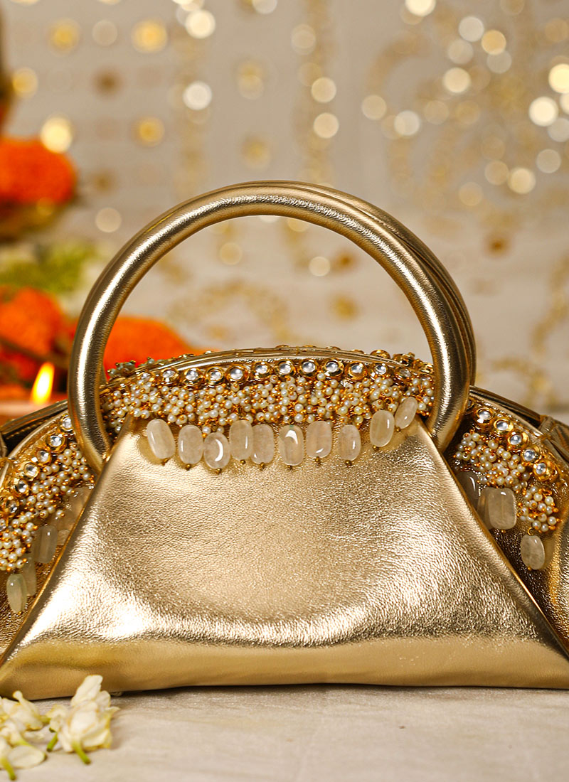 Shop Gold Leather Stone Crystals And Beads Work Hand Bag Wedding Wear ...