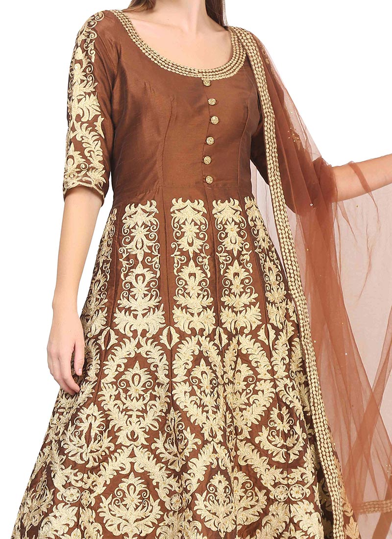 Shop Gold N Brown Raw Silk Embroidery Anarkali Suit Party Wear in UK ...