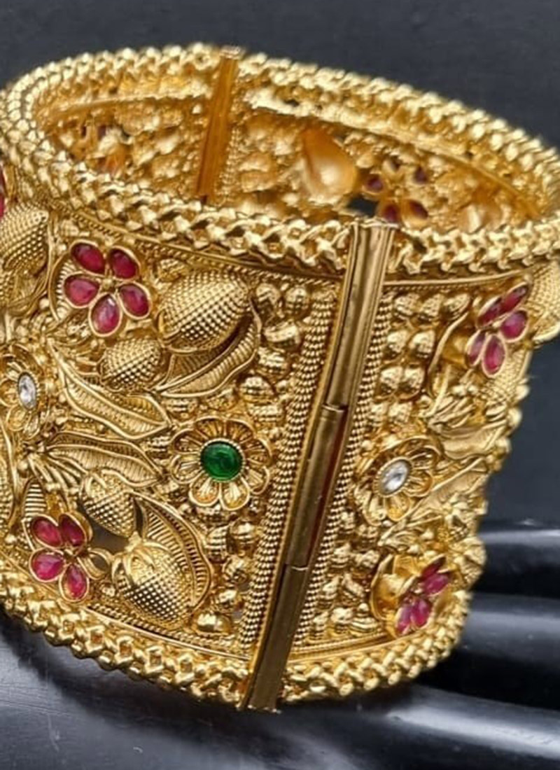 Buy Golden Plated Embossed Pink And Green Stone And Kundan Kada Online ...