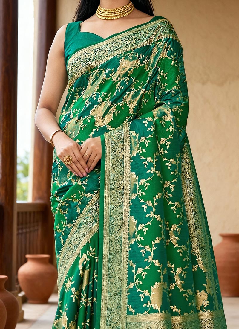 Shop Green Banarasi Silk Jacquard Benarasi Saree Festive Wear in India ...