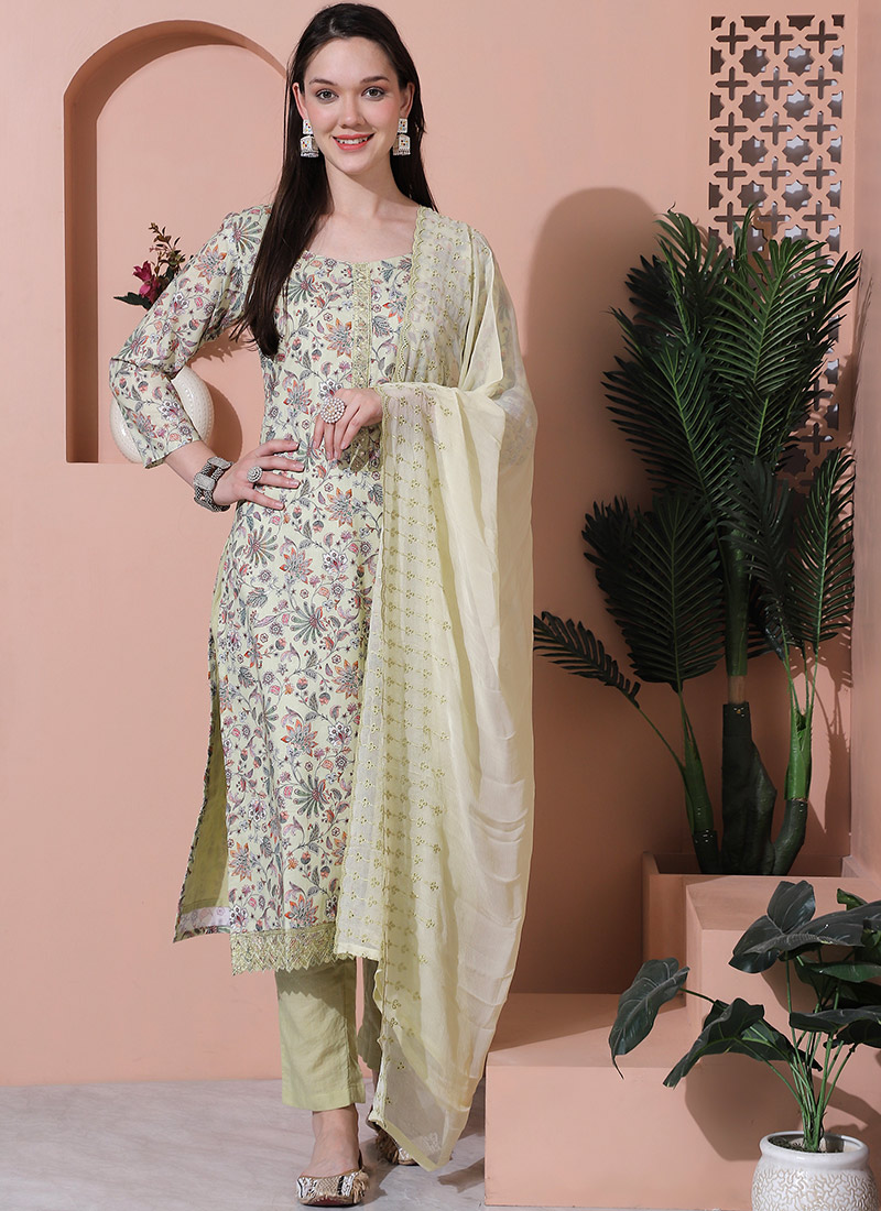 Buy Green Blended Cotton Floral Digital Print Straight Pant Suit After ...