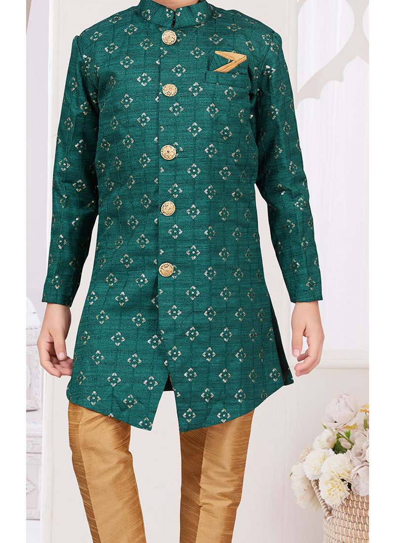 Buy Green Champion Silk Thread Sequins Kids Boys Indowestern Sherwani ...