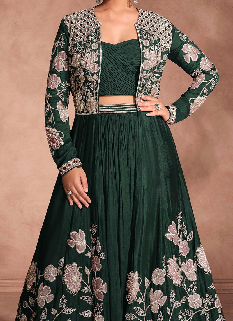Buy Green Chinon Silk Zari Embroidered Sequins Indowestern Jacket ...