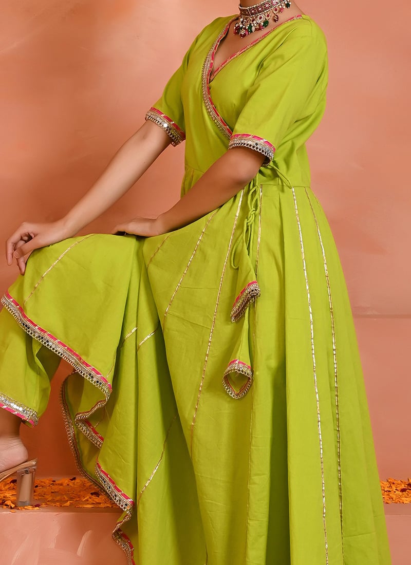Buy Green Cotton Mirror Lace Work Angarkha Style Anarkali Suit Festive Wear Online at Best Price ...
