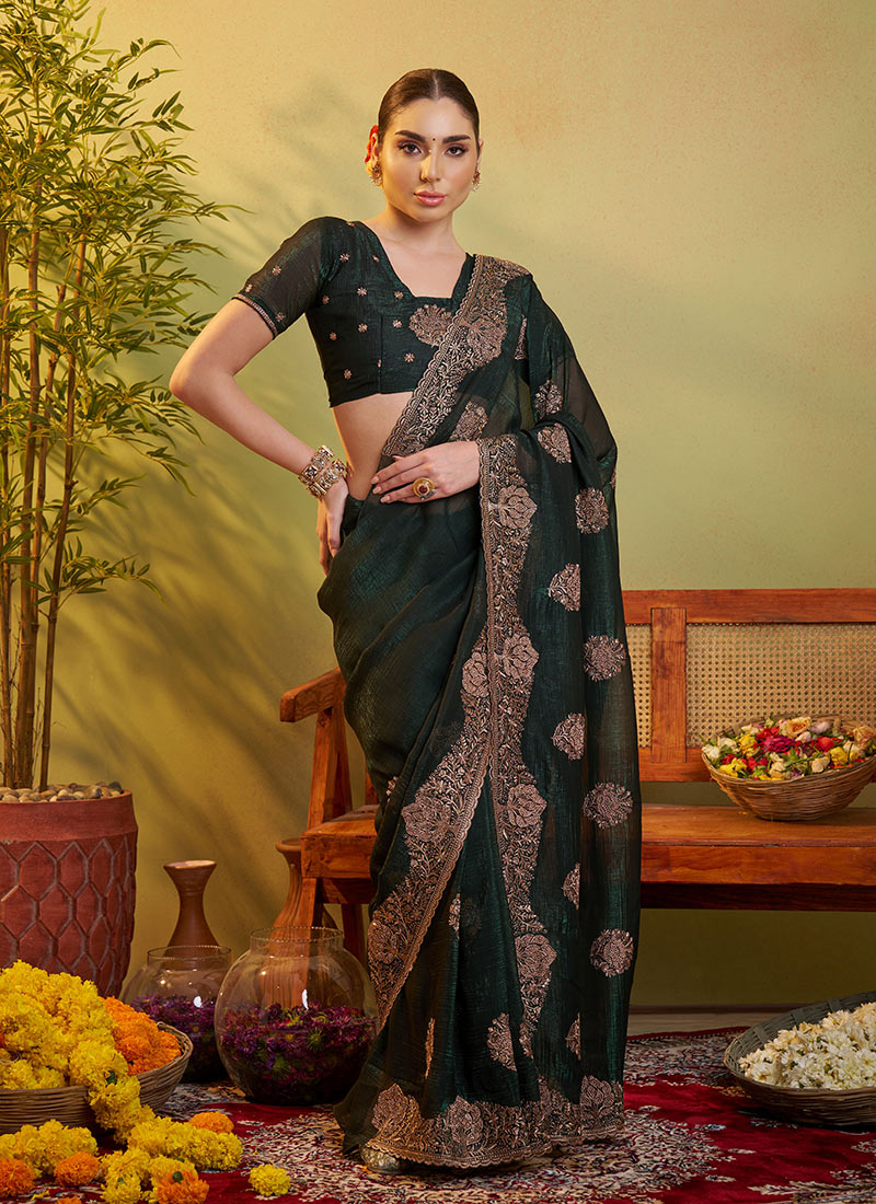 Shop Green Crunchy Chiffon Embroidered And Stone Work Saree Festive ...