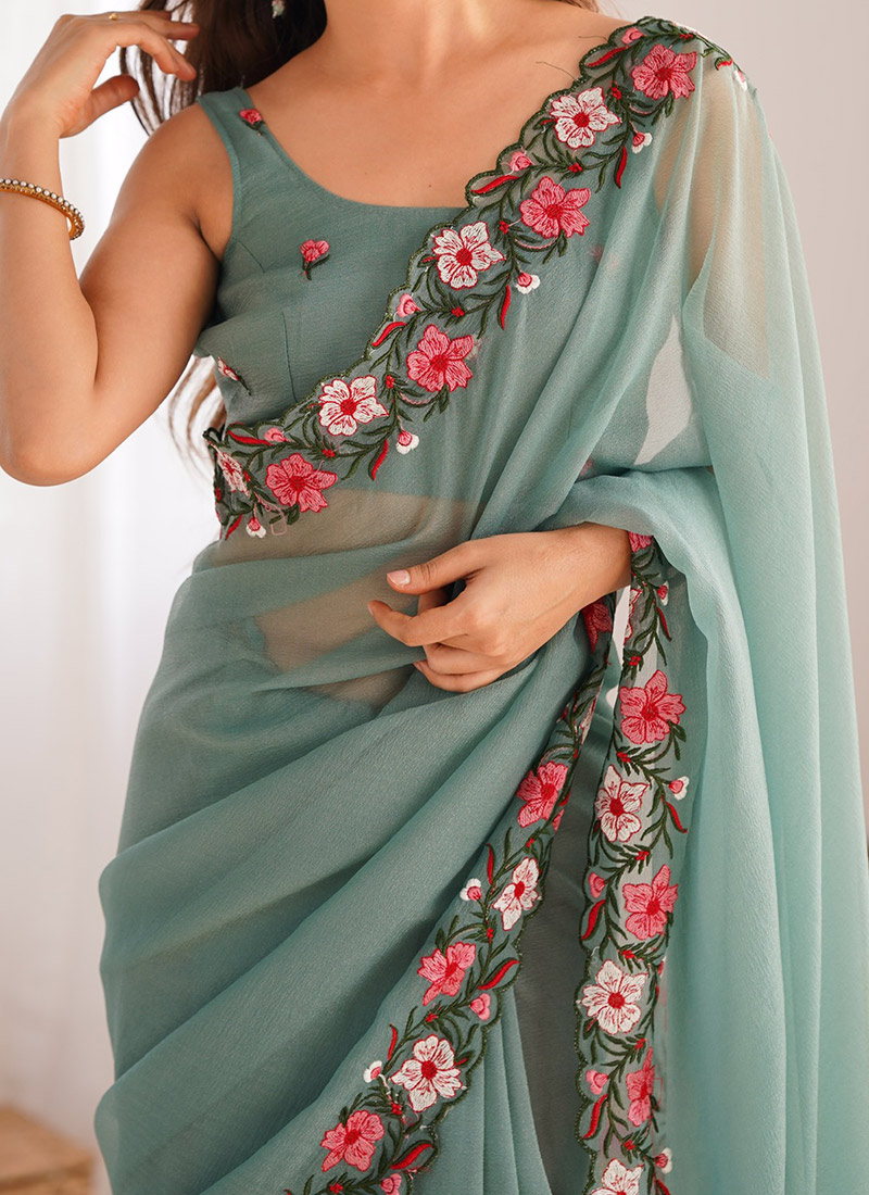 Shop Green Crush Thread Embroidered Saree After Six Wear in UK - Cbazaar