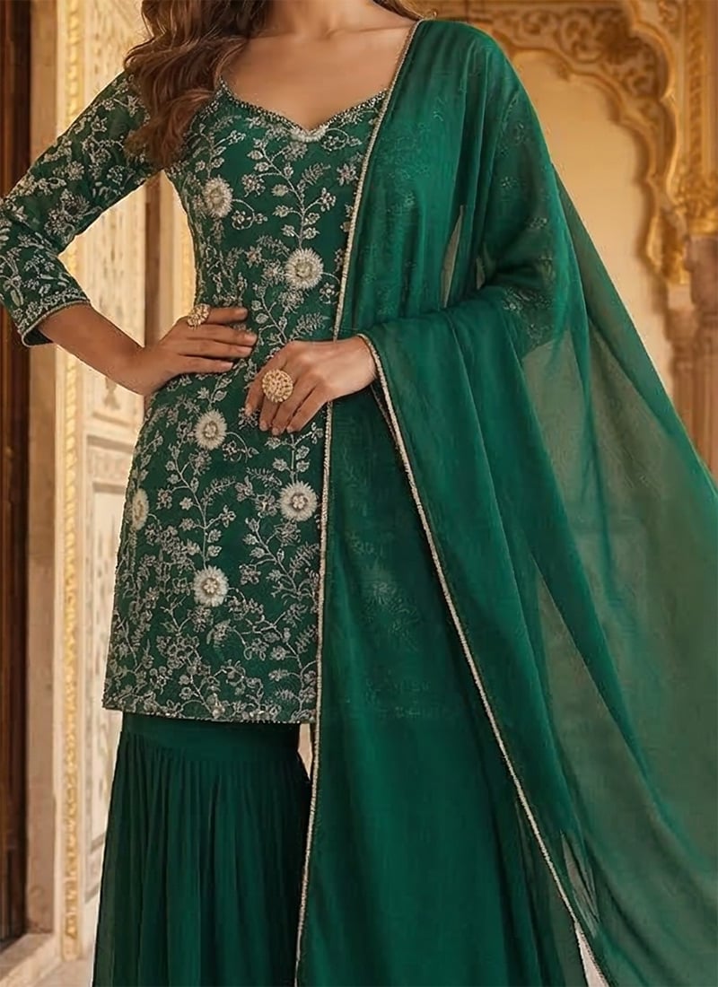 Shop Green Fandy Silk Embroidered Sharara Suit Festive Wear Online at ...