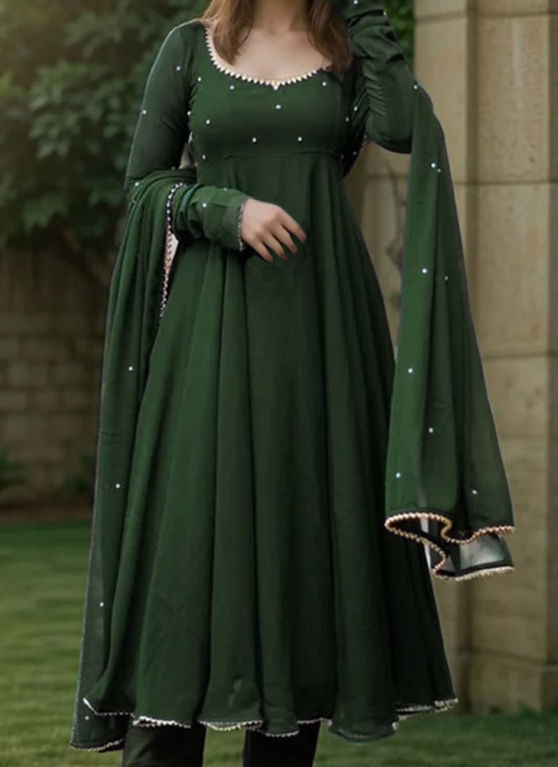 Shop Green Faux Georgette Hand Embroidered Beads Work Anarkali Suit ...