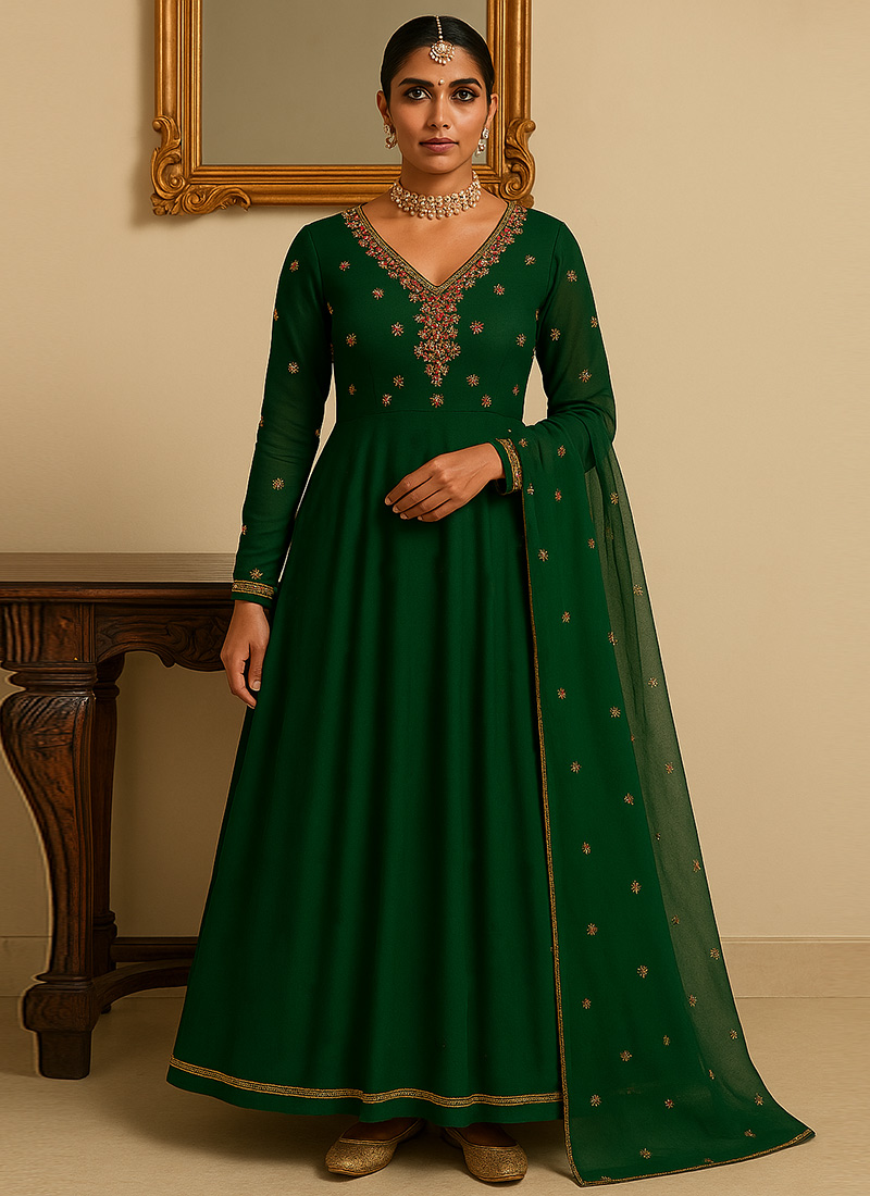 Buy Green Faux Georgette Zari Thread Sequins Hand Embroidered Anarkali ...