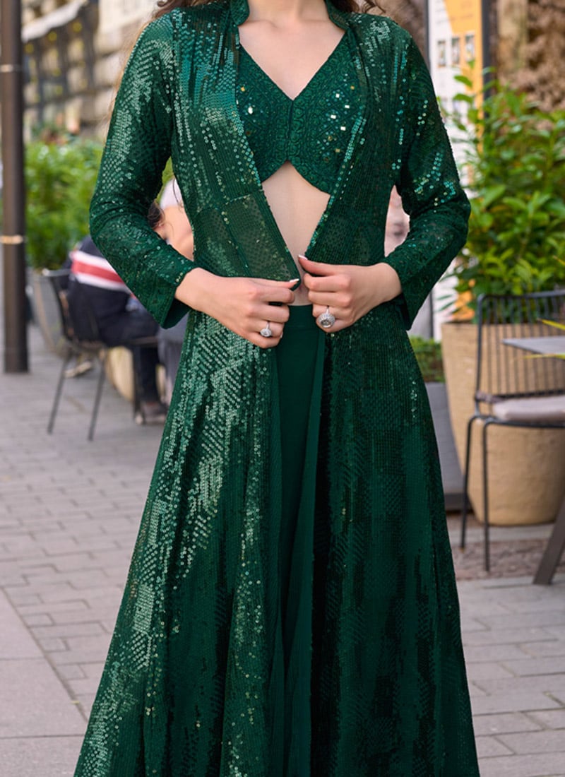 Shop Green Georgette Embroidered Sequins With Stone Work Indowestern ...