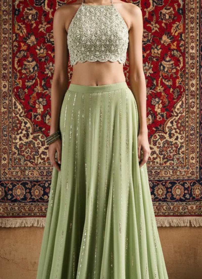 Buy Green Georgette Hand Embroidered Sequins With Moti Work Lehenga ...
