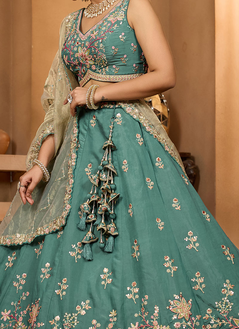 Shop Green Georgette Sequins Stones Embroidered Cut Work Umbrella ...