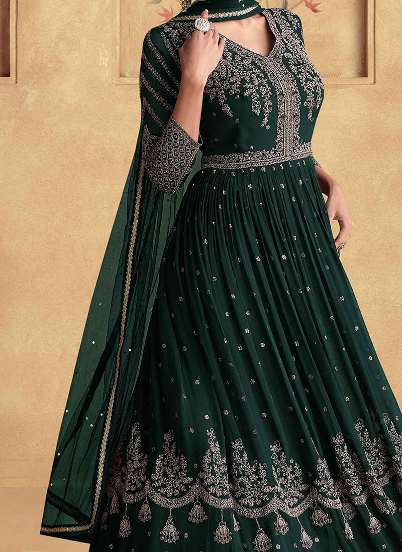 Shop Green Georgette Zari Embroidered Sequins Abaya Style Anarkali Suit ...