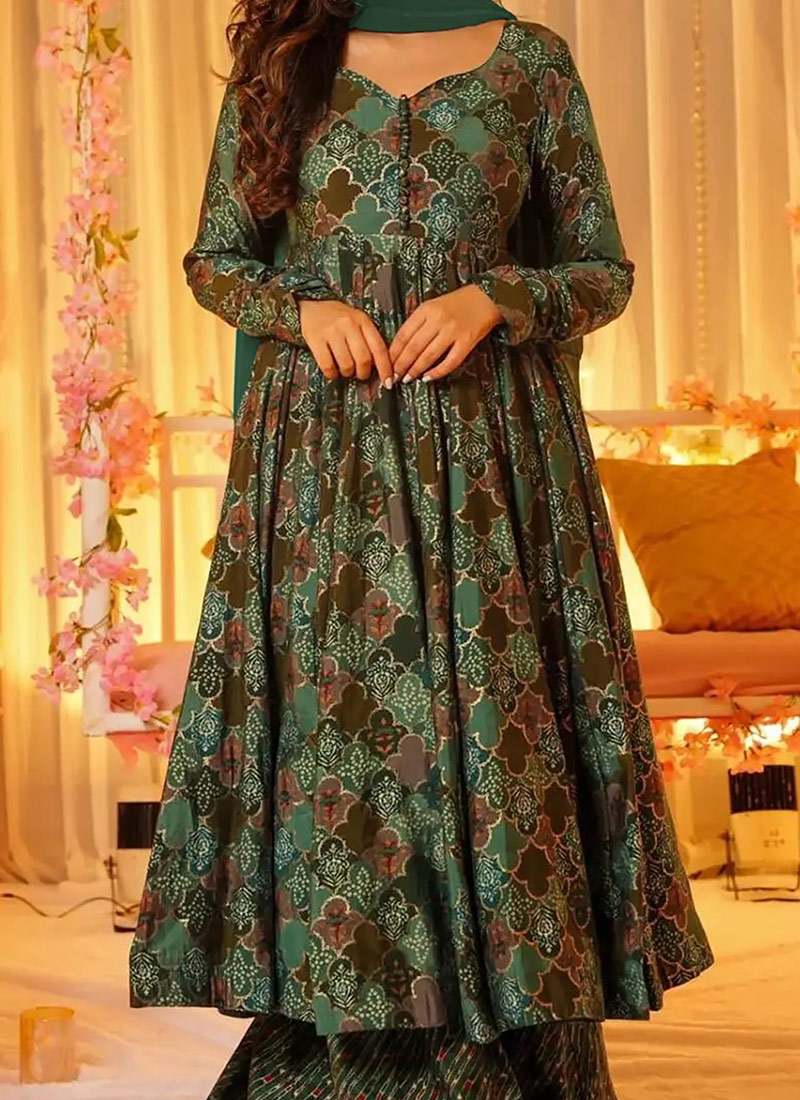 Shop Green Muslin Digital Print Anarkali Suit Festive Wear Online at ...