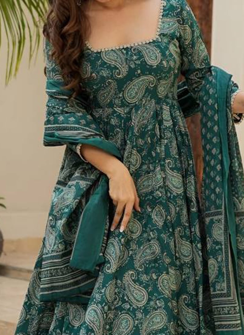 Shop Green Muslin Digital Print Anarkali Suit Festive Wear Online at ...