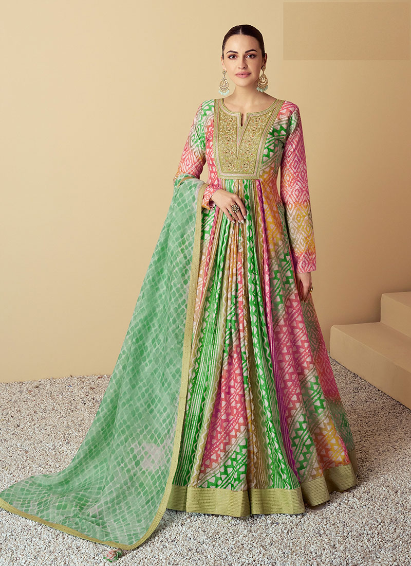 Shop Green Muslin Print Embroidered Sequins Abaya Style Anarkali Suit ...