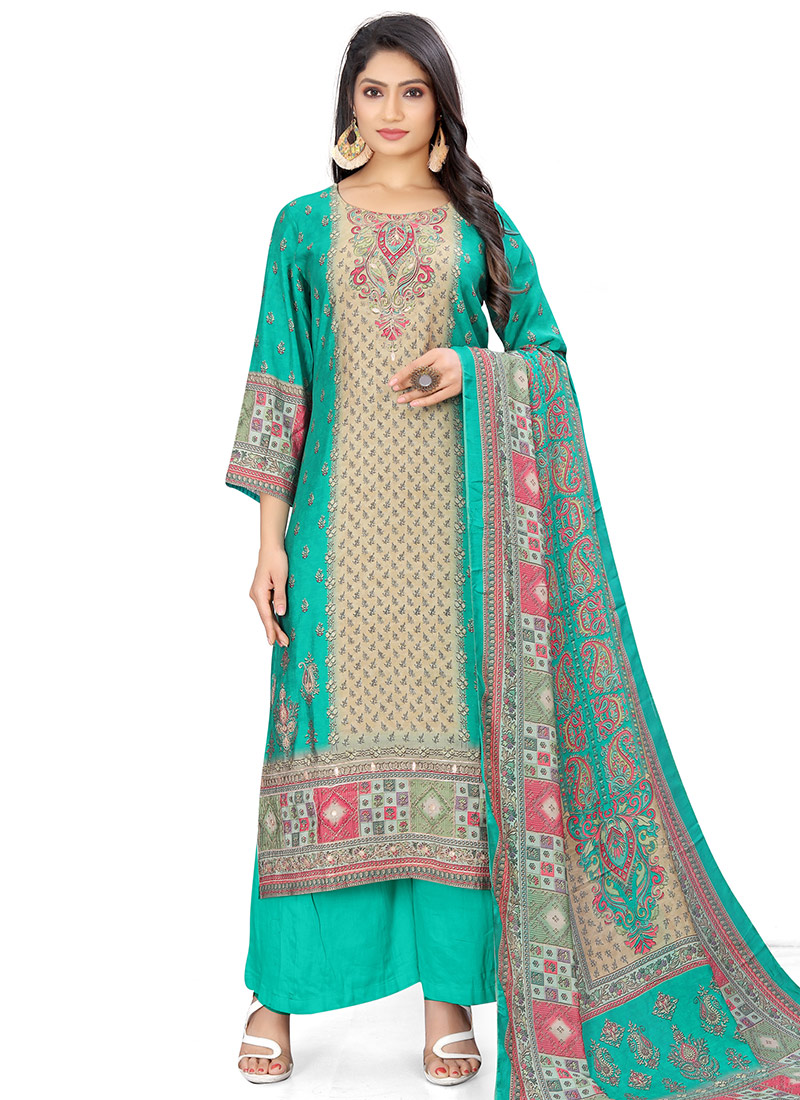Shop Turquoise Muslin Resham and Zari Palazzo Suit After Six Wear ...