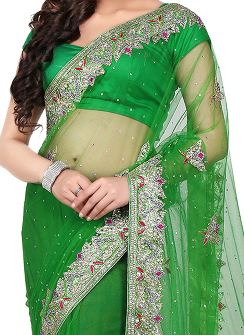 Buy Green Net Stones Saree Wedding Wear Online at Best Price | Cbazaar