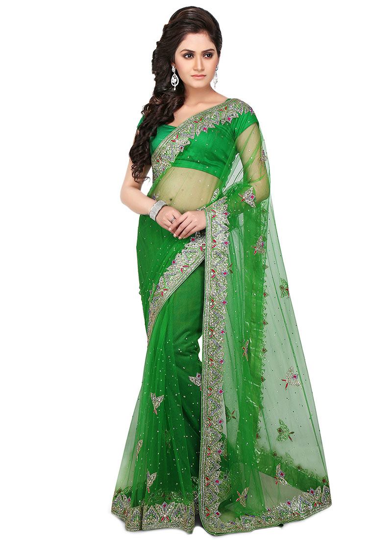 Buy Green Net Stones Saree Wedding Wear Online at Best Price | Cbazaar