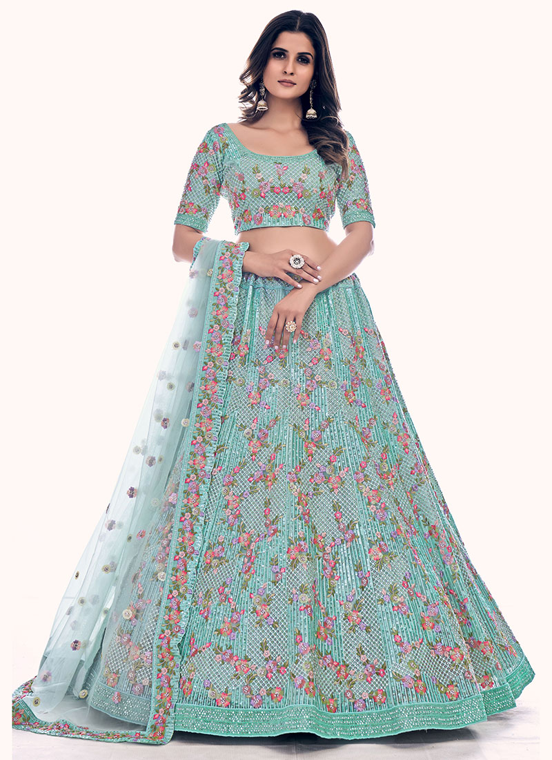 Shop Green Net Thread N Sequins Work Umbrella Lehenga Wedding Wear in UK - Cbazaar