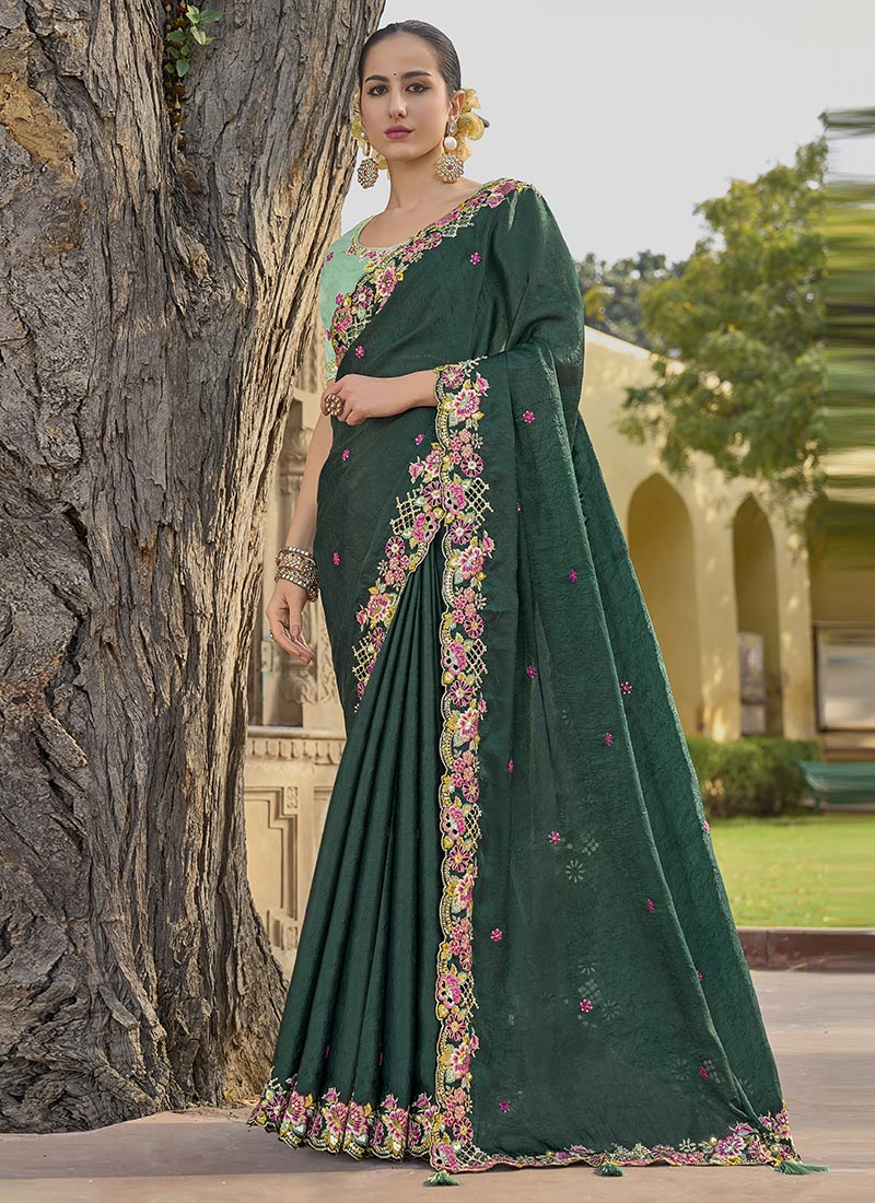 Shop Green Organza Embroidered Sequins Cut Work Border Saree Party Wear ...