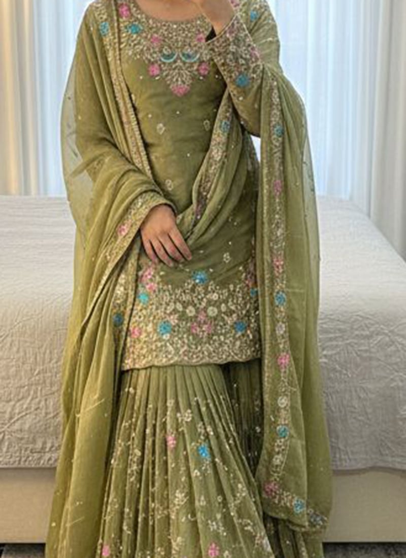 Shop Green Organza Silk Sequin Embroidered With Moti Work Sharara Suit ...