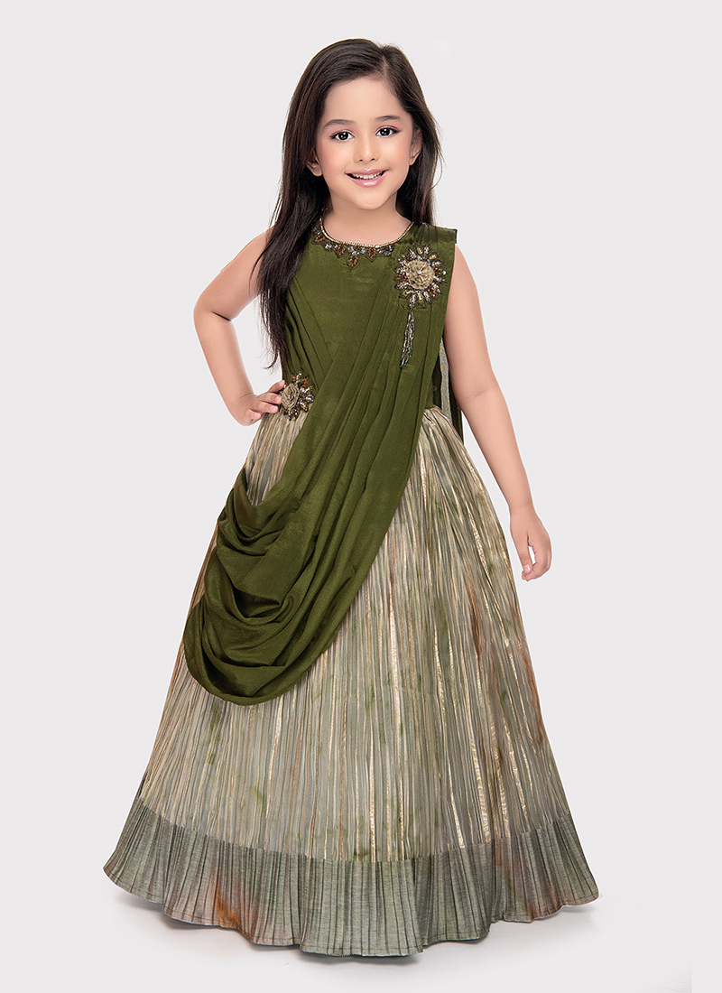Shop Green Polyester Stones Kids Girls Dresses And Gown Party Wear in ...