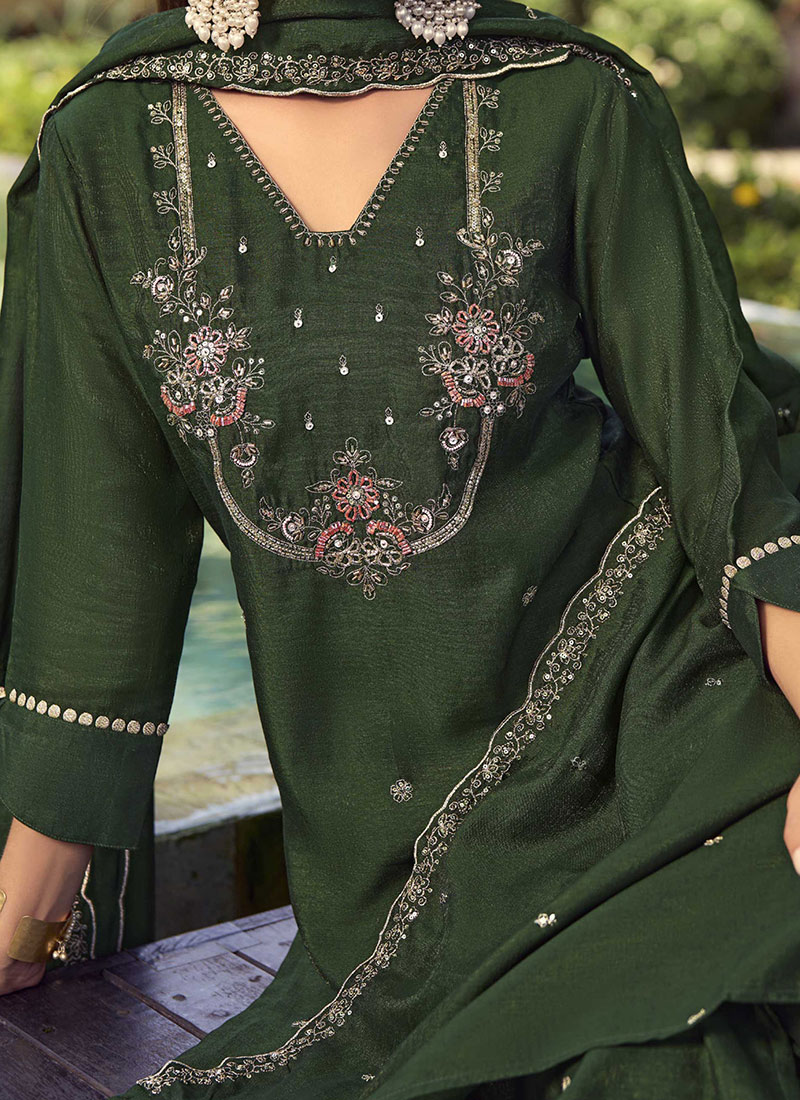 Buy Green Shimmer Vichitra Silk Hand Embroidered Straight Pant Suit ...