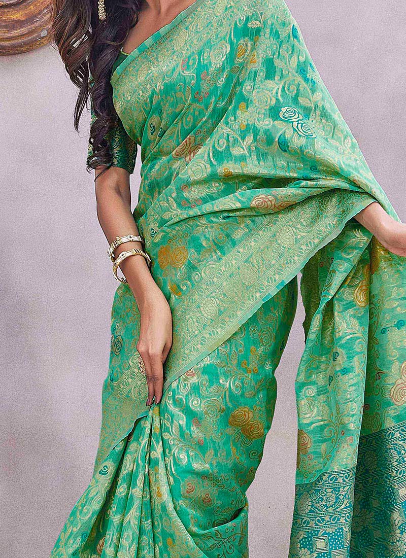 Shop Green Silk Blend Jacquard Woven Saree Festive Wear in CA - Cbazaar