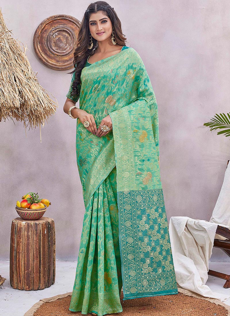 Shop Green Silk Blend Jacquard Woven Saree Festive Wear in CA - Cbazaar