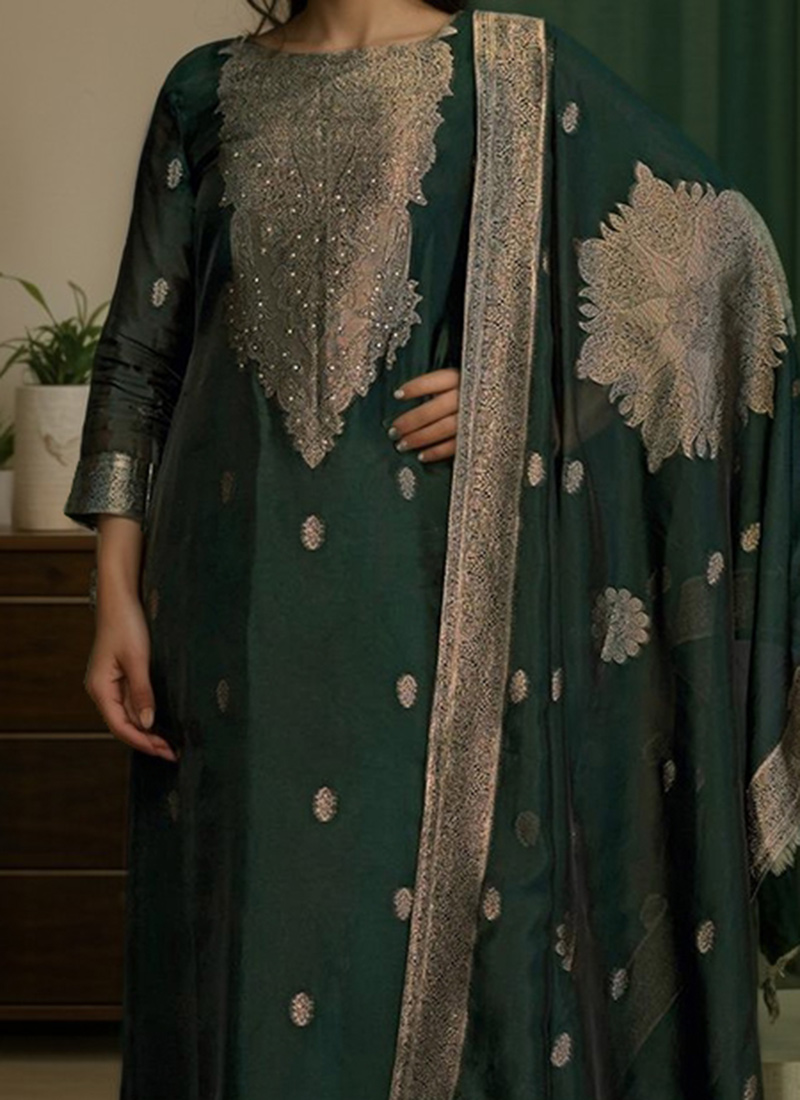 Shop Green Silk Jacquard Woven Straight Pant Suit Festive Wear in India ...