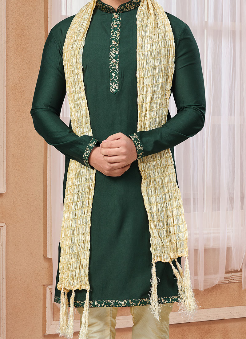 Buy Green Silk Lace Work Kurta Pyjama Festive Wear Online at Best Price | Cbazaar