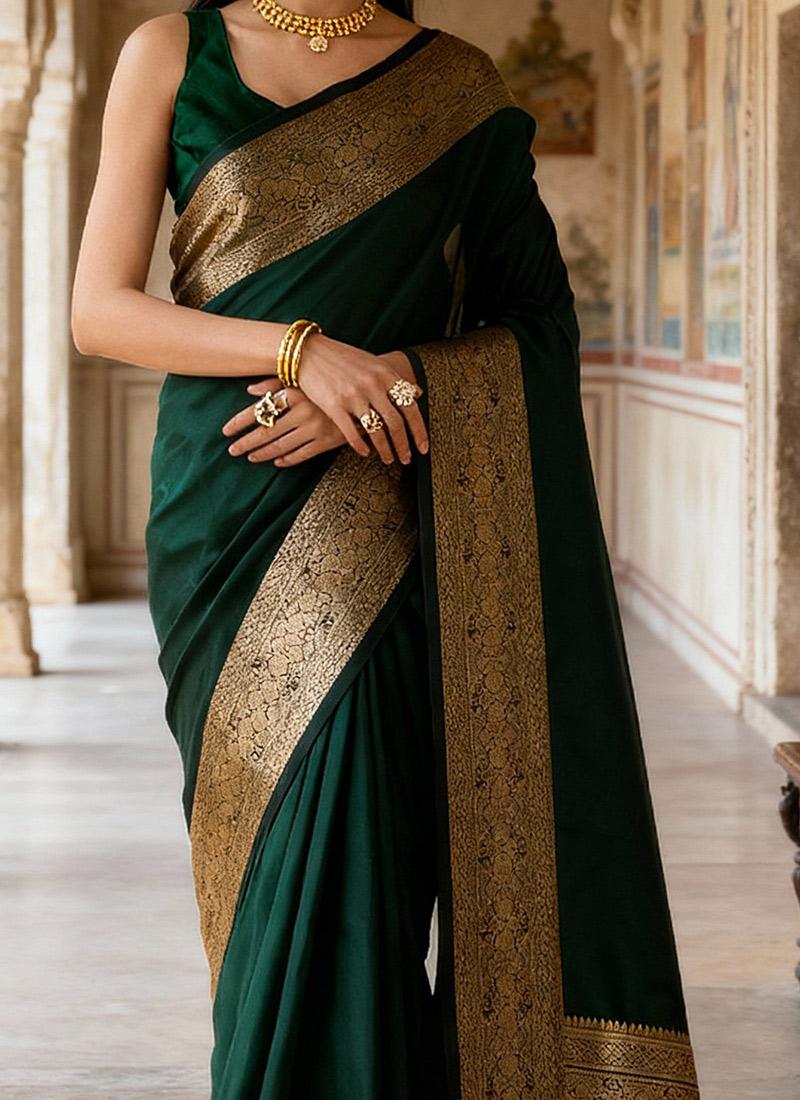 Shop Green Soft Silk Zari Woven Classy Saree Festive Wear Online at ...