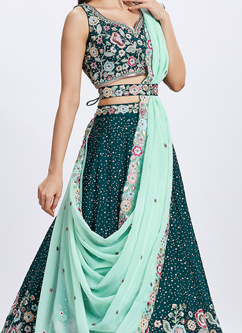 Shop Green Splendor Chiffon Thread Embroidered Sequins Lehenga Wedding ...
