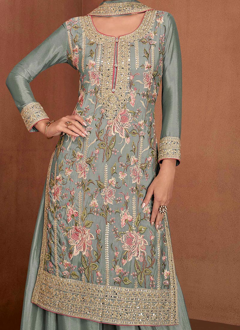 Buy Grey Chinon Embroidered Mirror And Stone Work Sequins Palazzo Suit ...