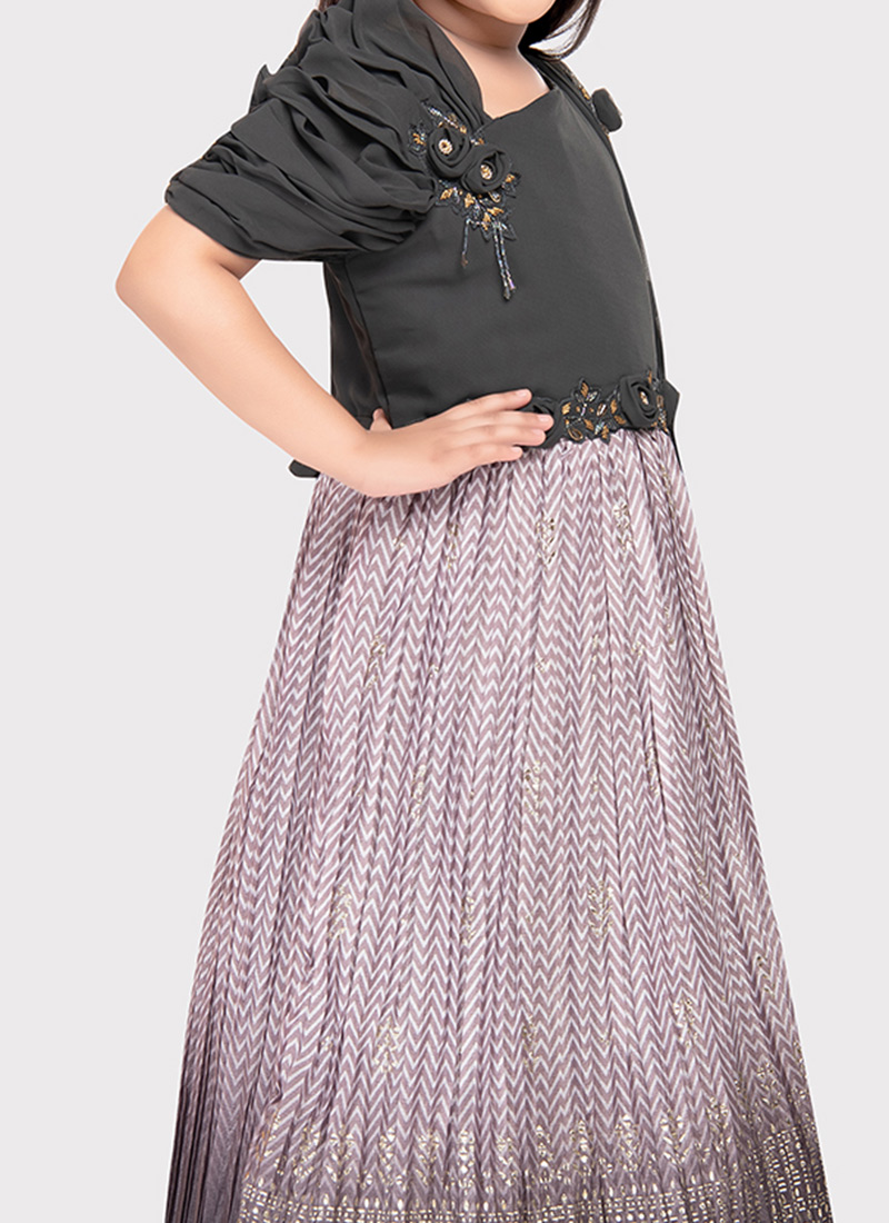 Shop Grey Faux Georgette Embroidered Kids Girls Dresses And Gown Party ...