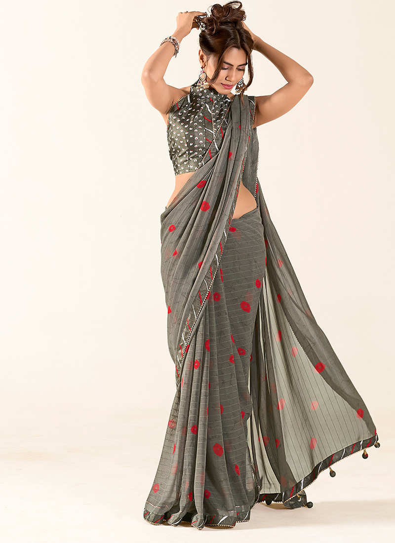 Buy Grey Faux Georgette Print Halter Saree With Border Lace After Six ...